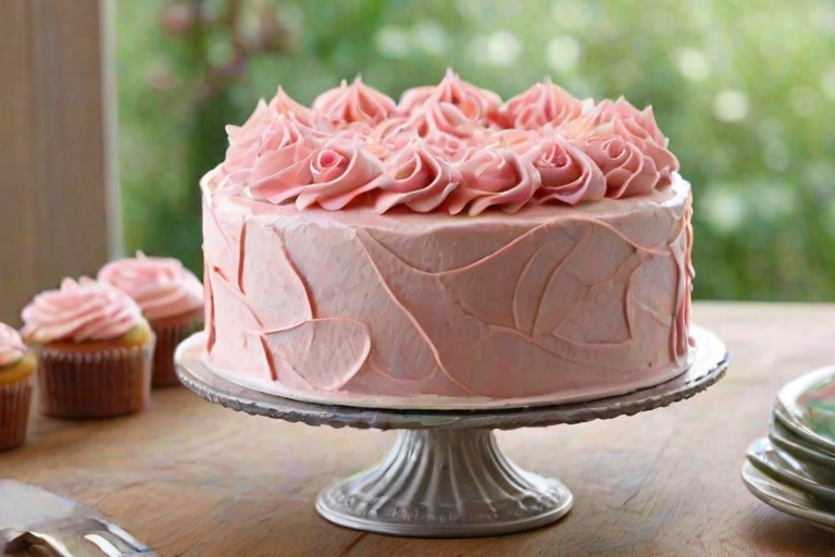Deliciously Decorated Pink Rose Cake with Matching Cupcakes on Display