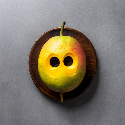 A mango with a face hanging by the stem