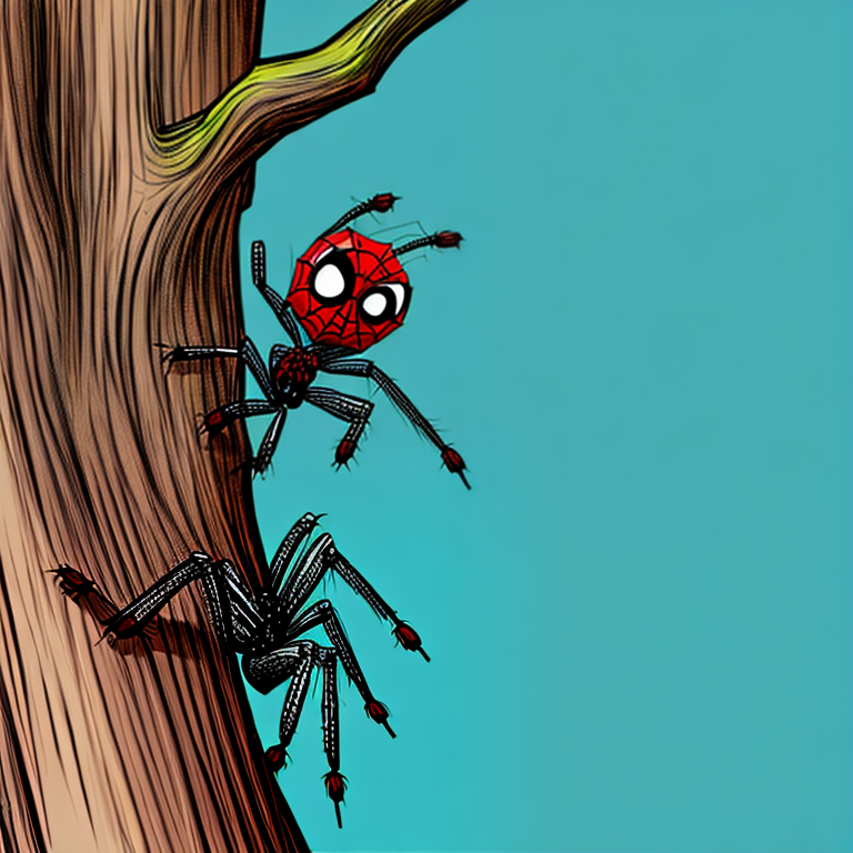 spider crawling up a tree, cartoon style
