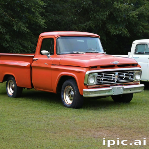 Vintage Orange Pickup Truck Parked on Green Grass Surrounded by Trees.