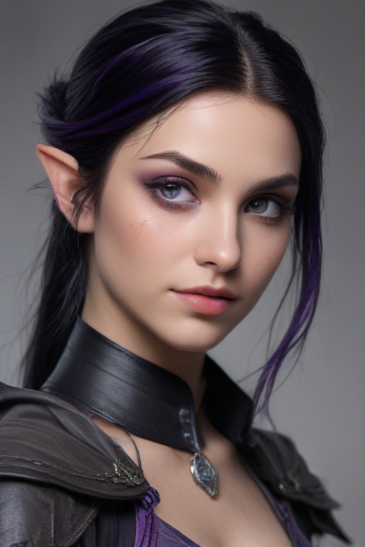 Female, raven hair purple streaks, half elf, curvy, silvery skin ...