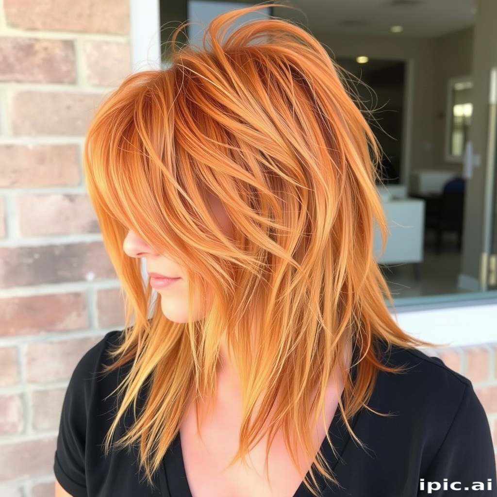 Vibrant Orange Hair with Layered Texture Against a Neutral Background