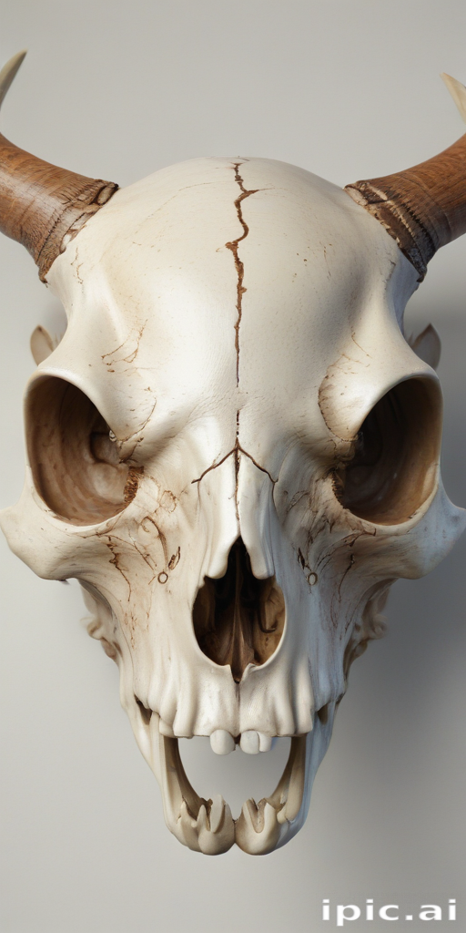 Intricate Details of a Large Animal Skull with Prominent Horns