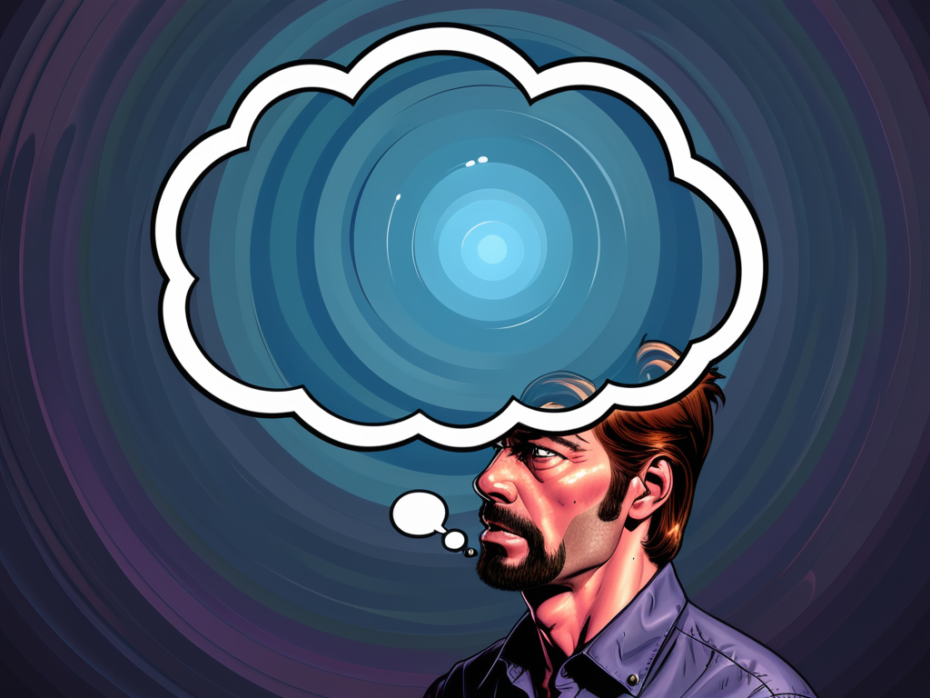 Contemplating Ideas: A Thought Bubble Above a Man's Head in Reflection