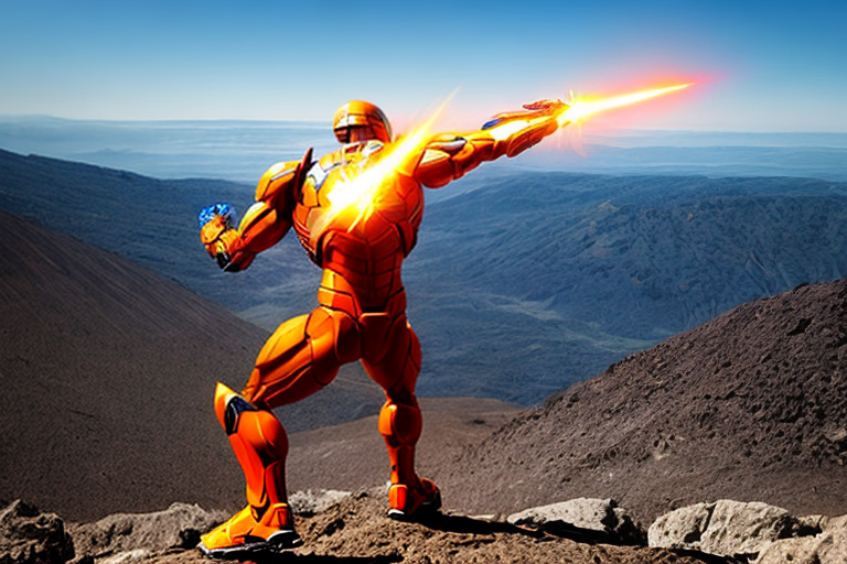 superhero with orange armor lifting a giant meteor straight into a volcano