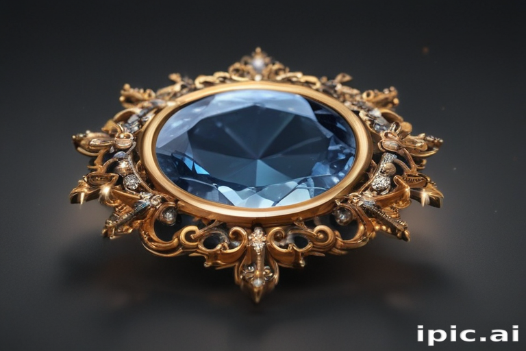 Intricately Designed Brooch Featuring a Large Blue Gemstone Centerpiece