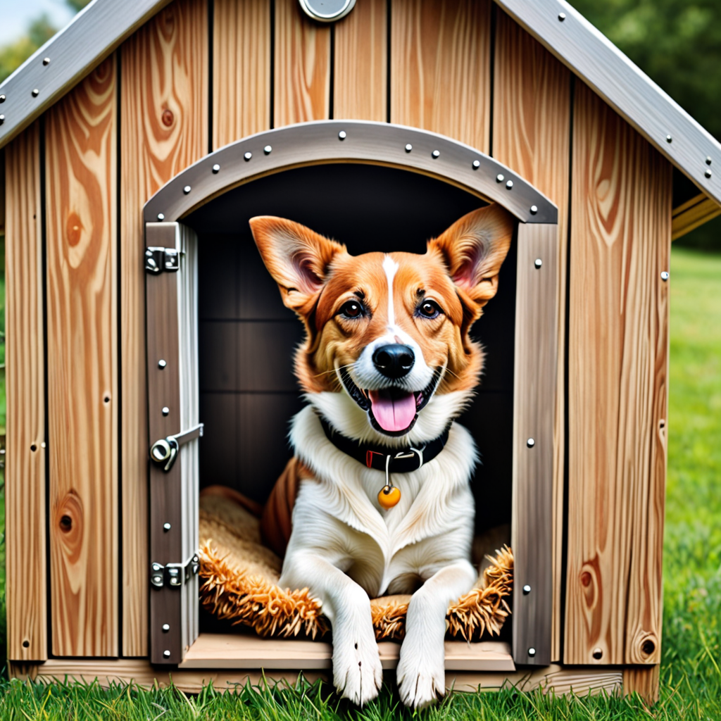 happy dog inside a dog house, realistic graphic design