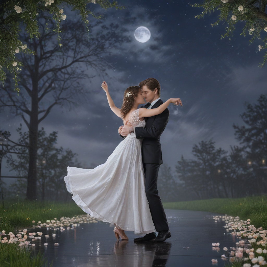 Dancing under moonlight with her prince and flowers rain background