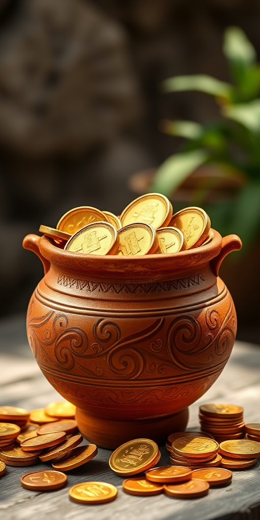 A Rustic Clay Pot Overflowing with Golden Coins and Rich Treasures.