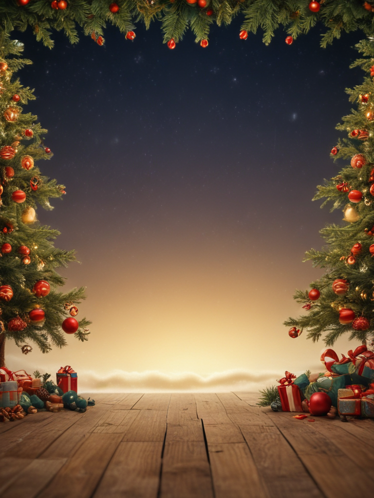 A Warm and Festive Christmas Scene with Trees and Colorful Gifts.
