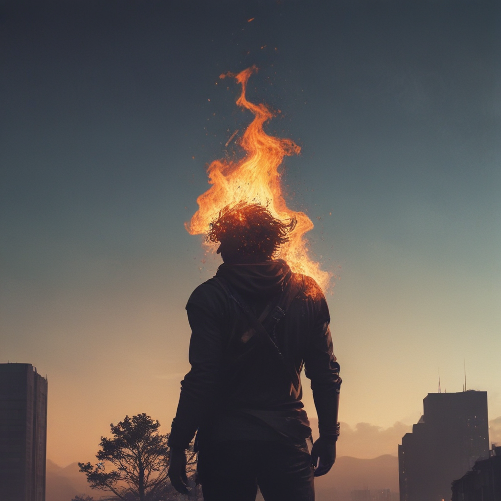Man Standing in Cityscape with Fiery Flames Erupting from His Head