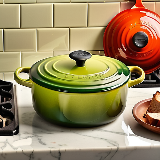 Colorful Kitchen Scene Featuring a Vibrant Green Dutch Oven and Cookware
