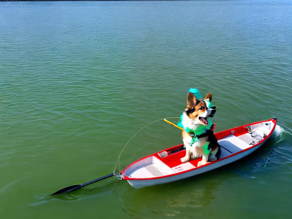 Corgi on a boat holding a fishing pole