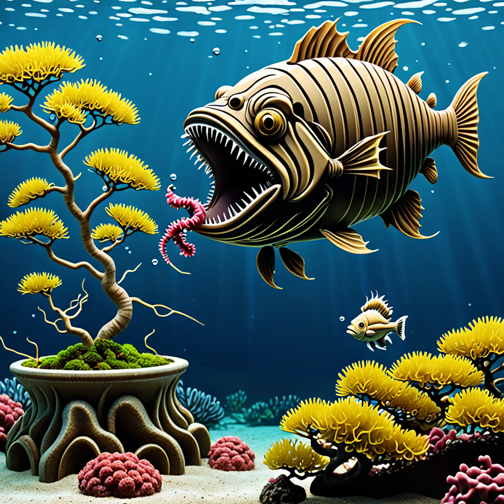 Cartoon angler fish eating a bonsai tree in the depths of the sea