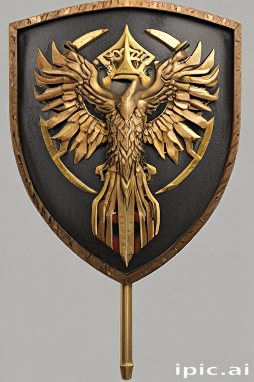Intricate Golden Shield Featuring a Majestic Phoenix Design and Symbolism