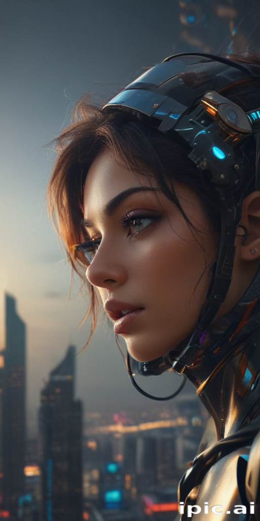 Futuristic Portrait of a Cybernetic Woman Against a City Skyline