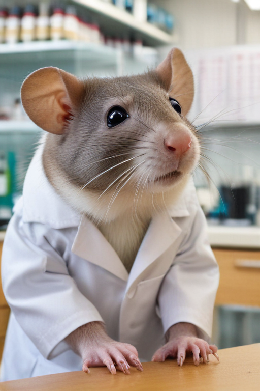 rat in a lab coat in front of a lab bench with biology samples