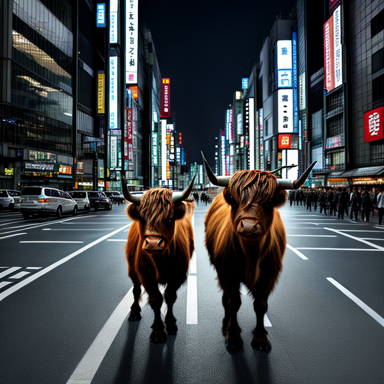 Highland cow walking in Tokyo at night