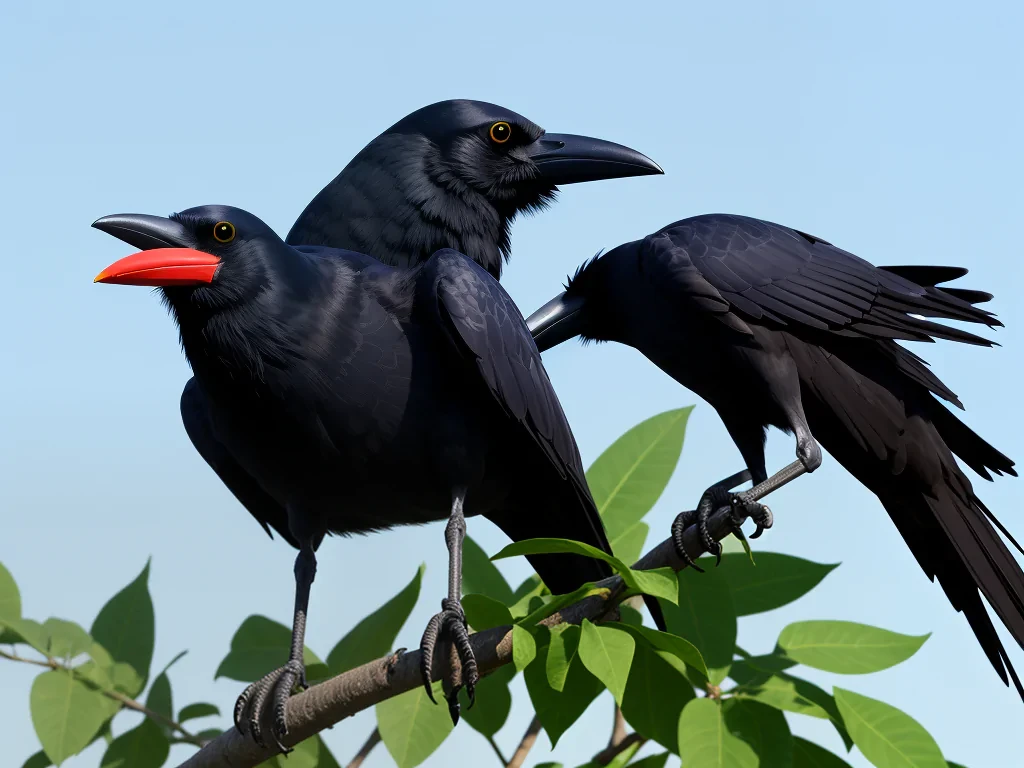 Two Striking Black Birds Perched on a Branch Against a Clear Sky