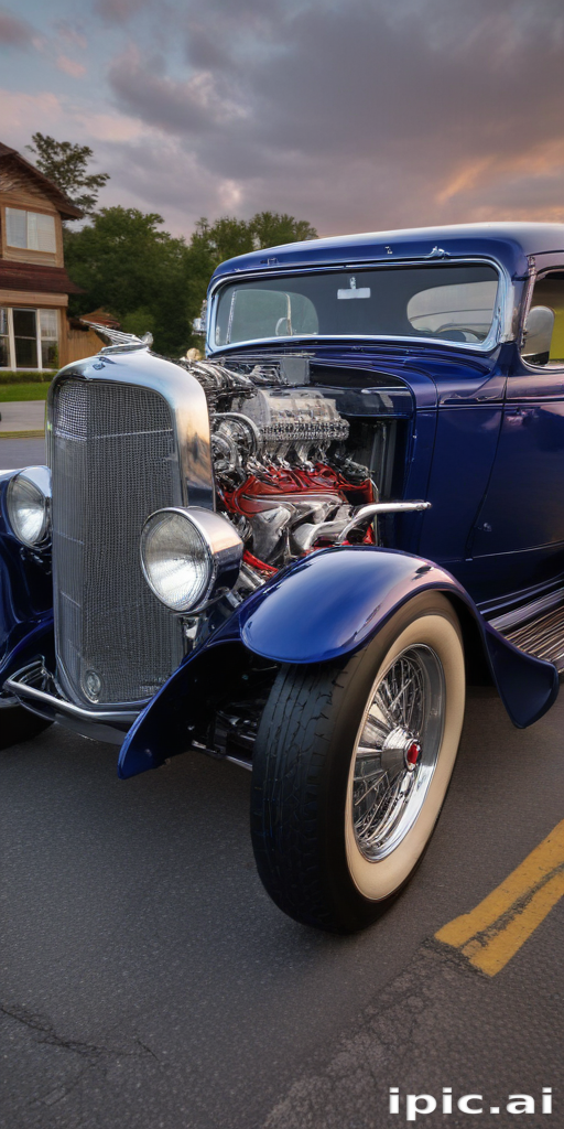Classic Blue Hot Rod with a Powerful Engine Parked on the Street