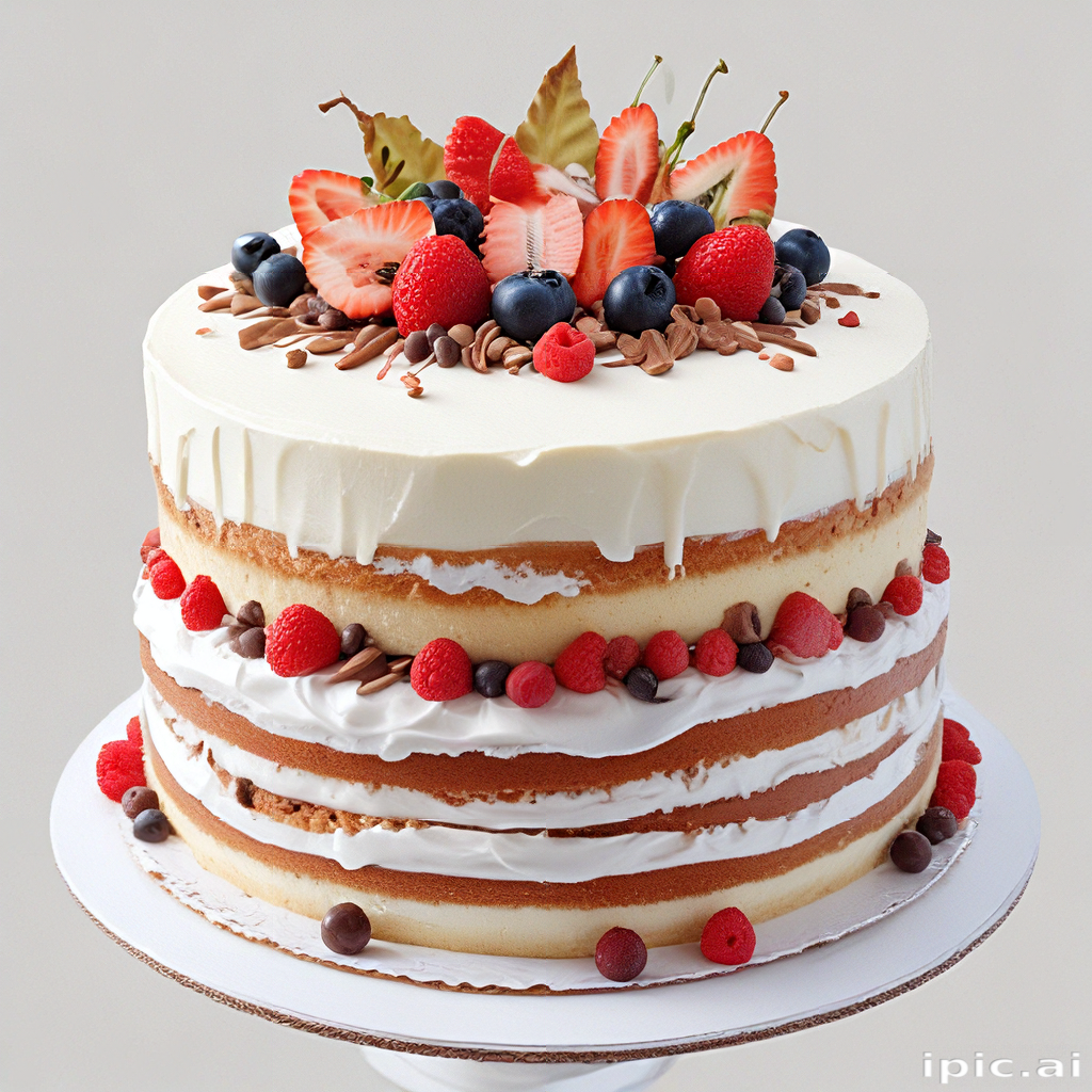 Delicious Three-Layered Cake Topped with Fresh Berries and Chocolate ...