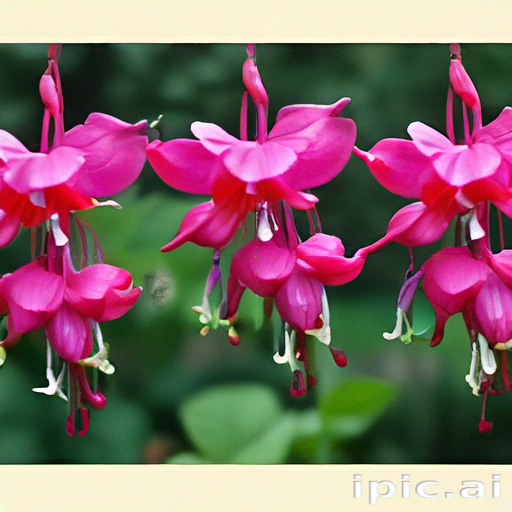 Vibrant Pink Fuchsia Flowers Hanging Gracefully in a Lush Green Garden.