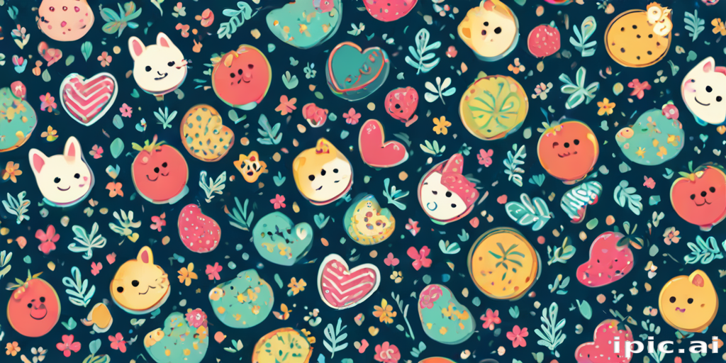 Colorful Pattern of Cute Animals, Fruits, and Playful Floral Designs