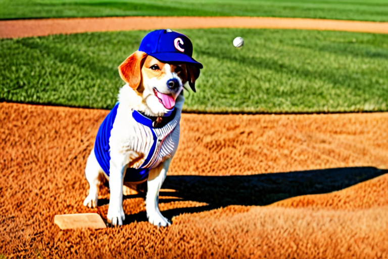 A dog playing baseball on a baseball field with a baseball shirt and a ...