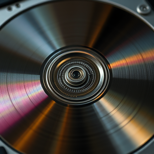 Create an artistic close-up of a vintage compact disc and a hard drive ...