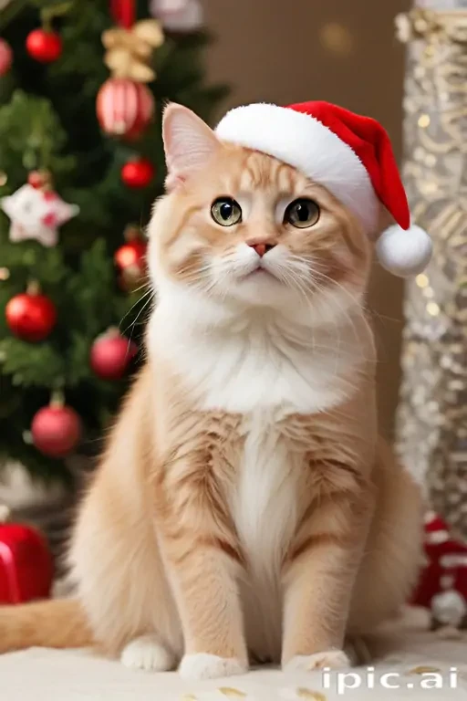 Adorable Cat Wearing Santa Hat Next to Festive Christmas Tree Decorations