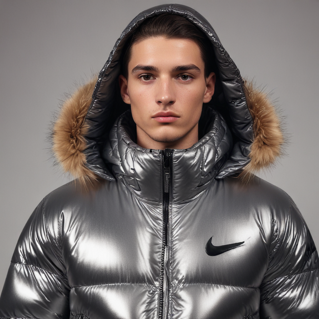 male supermodel nike shiny super puffer jacket bling jewellery hood