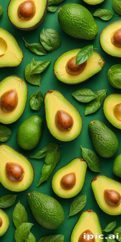 Vibrant Arrangement of Avocados Surrounded by Fresh Green Basil Leaves