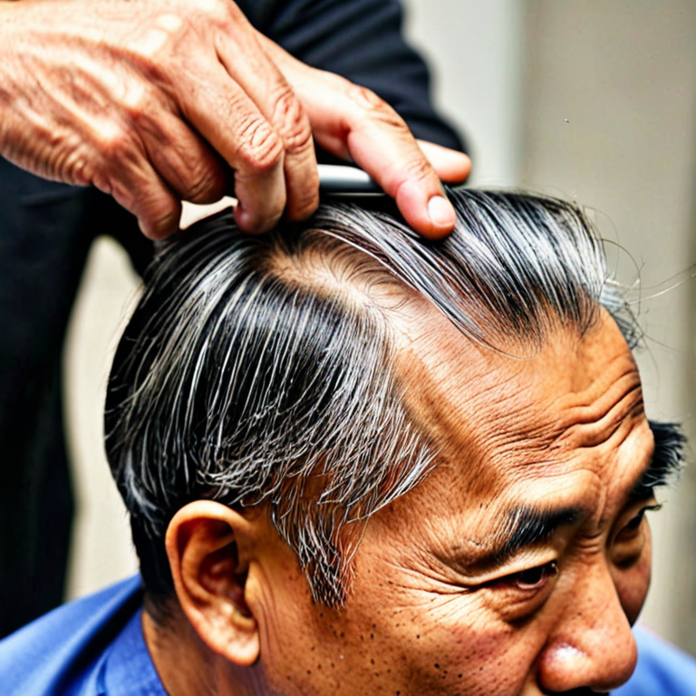 Balding Asian man with greying hair with a comb over haircut