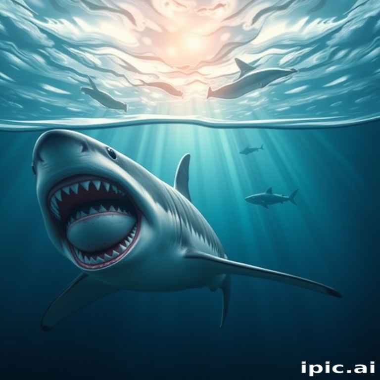 Majestic Underwater Scene Featuring a Shark with Open Mouth and Rays of ...