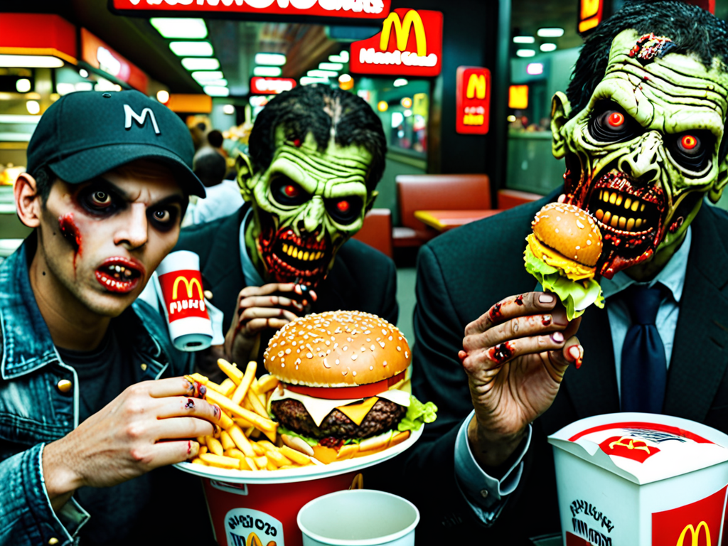 Zombies eating burgers on mcdonalds