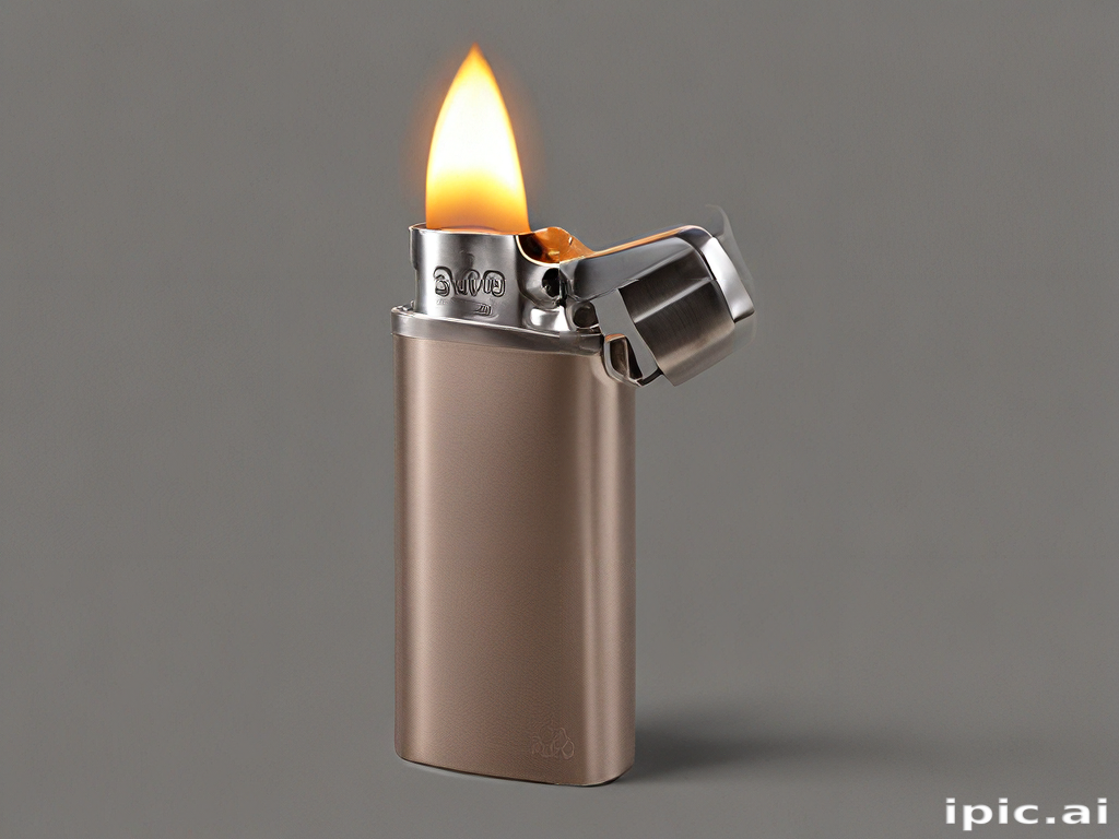 Elegant Metallic Lighter with a Bright Flame Against a Gray Background