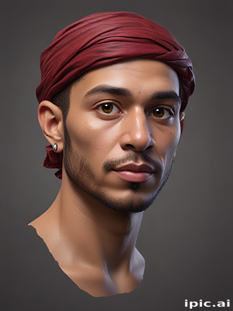 Realistic Portrait of a Young Man with a Red Headscarf and Earring