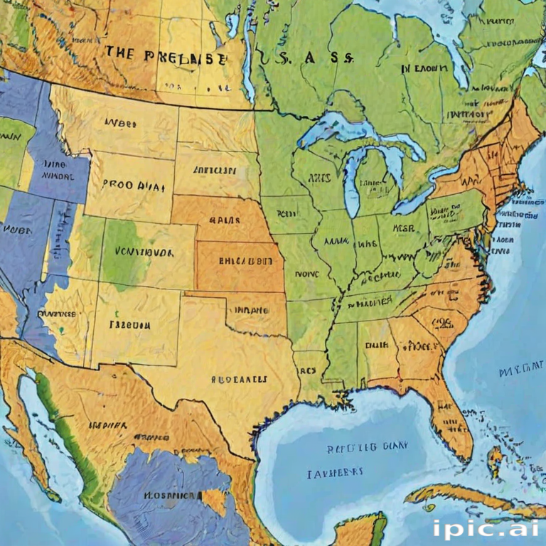 Colorful Topographical Map of the United States Highlighting Regional ...