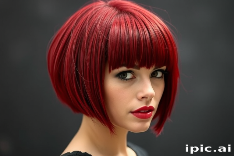 Striking Portrait of a Woman with Vibrant Red Bob Hairstyle and Bold Makeup