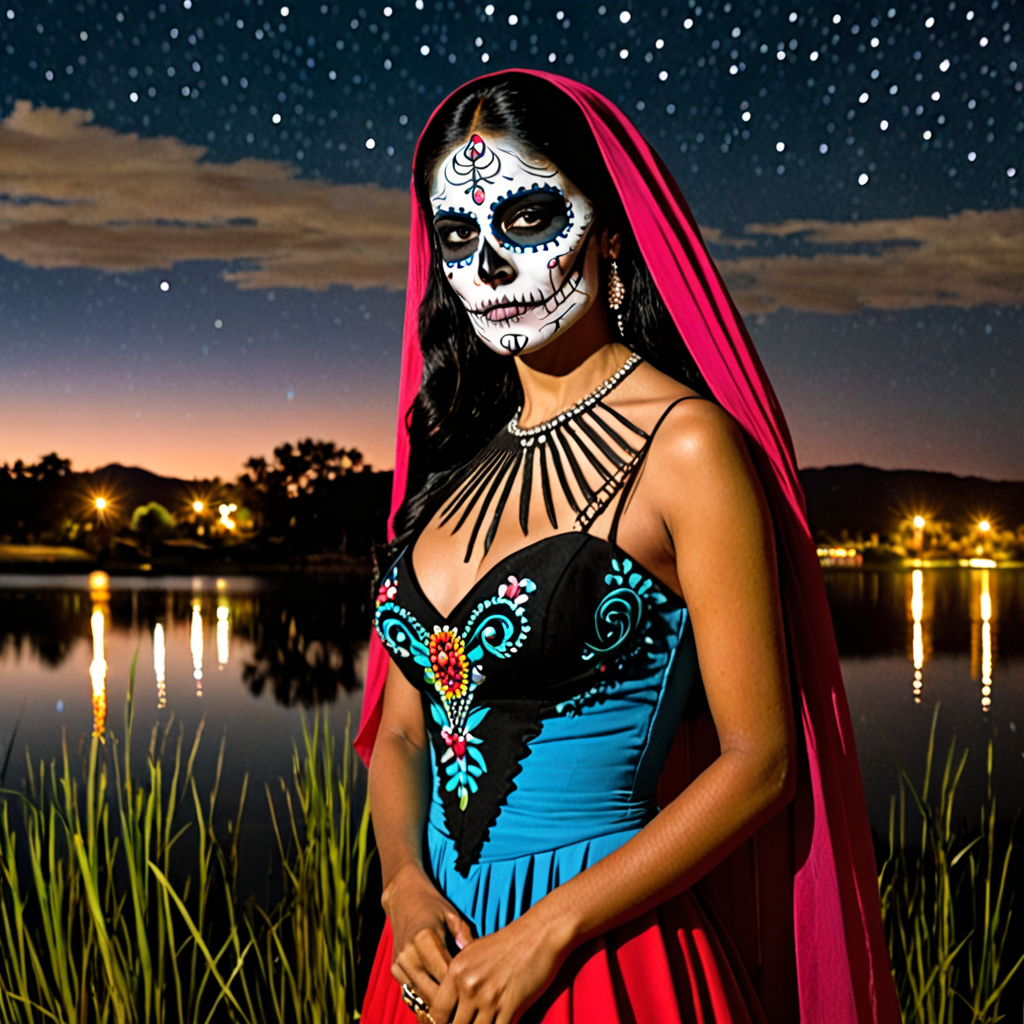 colorful femanin dia de la muerta lady at night near the lake
