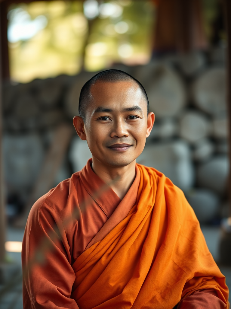 Serene Portrait of a Young Monk in Traditional Orange Robes