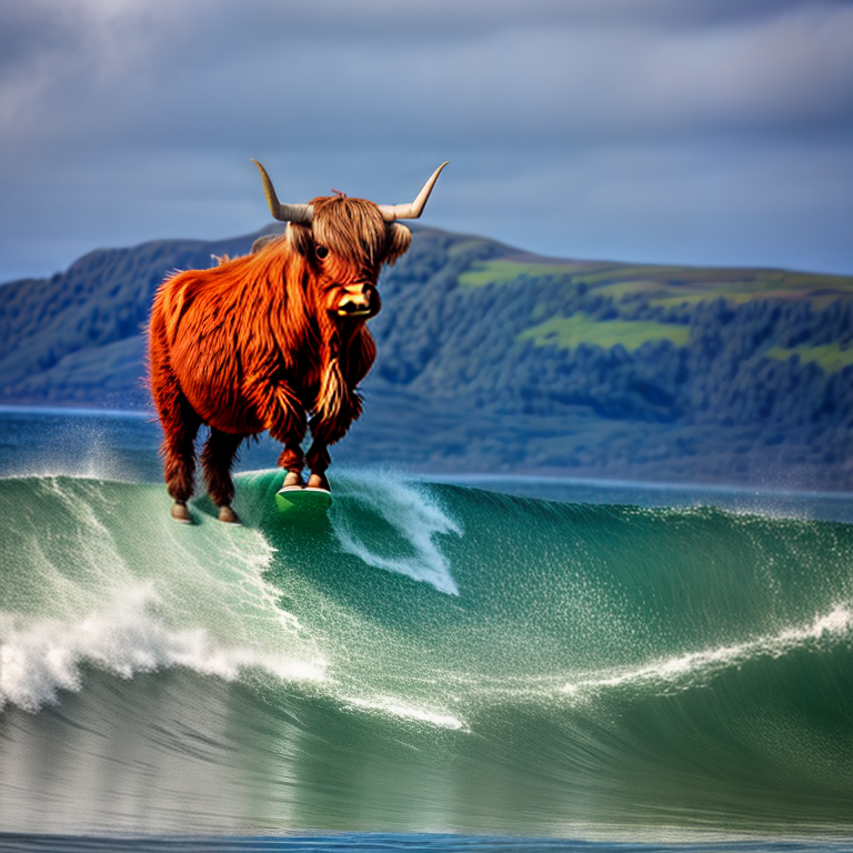 Highland cow surfing