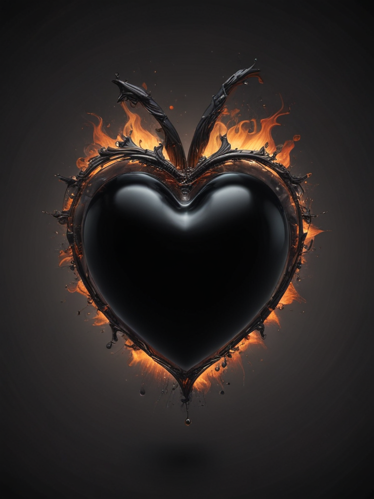 Fiery Black Heart Surrounded by Flames and Dark Elements in Artistry