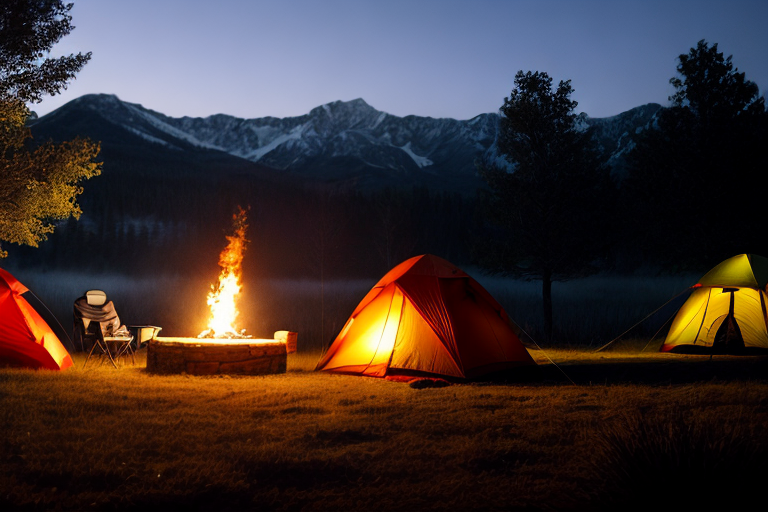 a templar's acampment with a firepit and tents in the night
