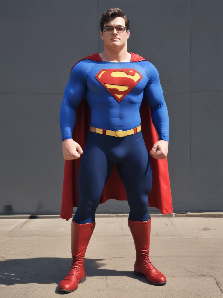 Realistic chubby high school guy, nerd guy, realistic superman costume ...