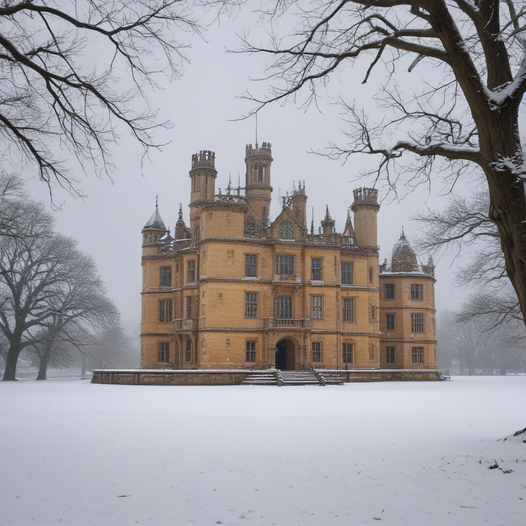 wollaton hall seen up close, winter, snowing