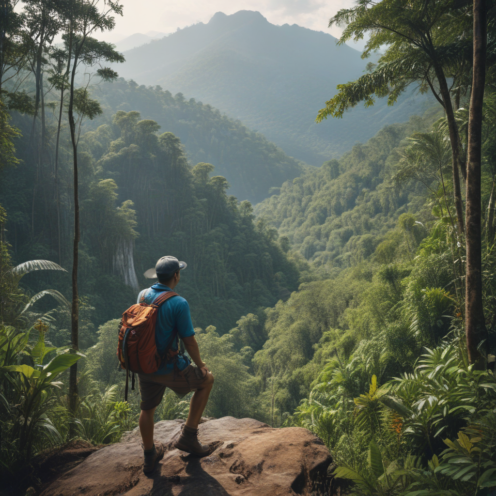 Explorer looks over jungle from mountain