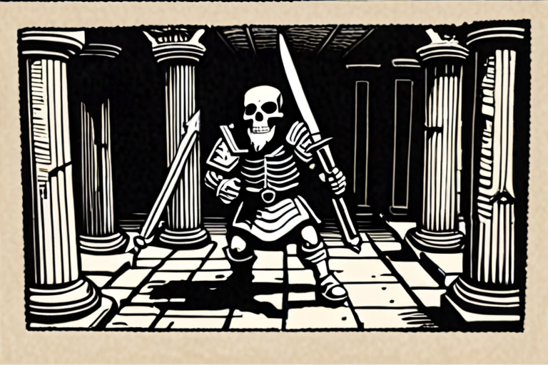 a dwarf fighting a skeleton in a dungeon ink illustration