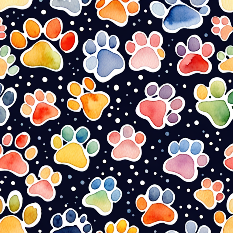 dog paws, watercolor, light pale colors, rainbow palette, dark blue ...