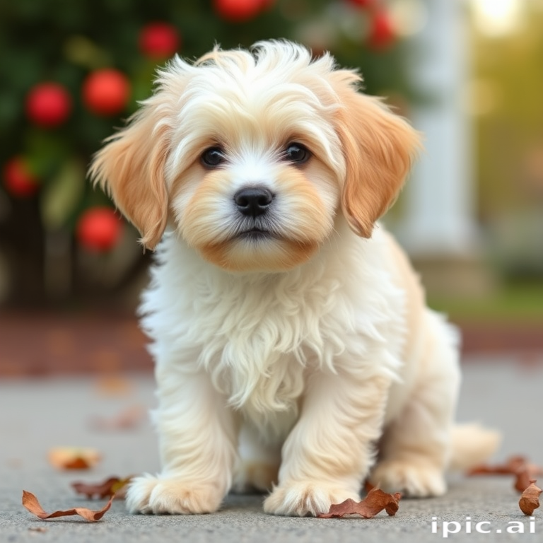 A Cute Fluffy Puppy Sitting on a Path Surrounded by Autumn Leaves